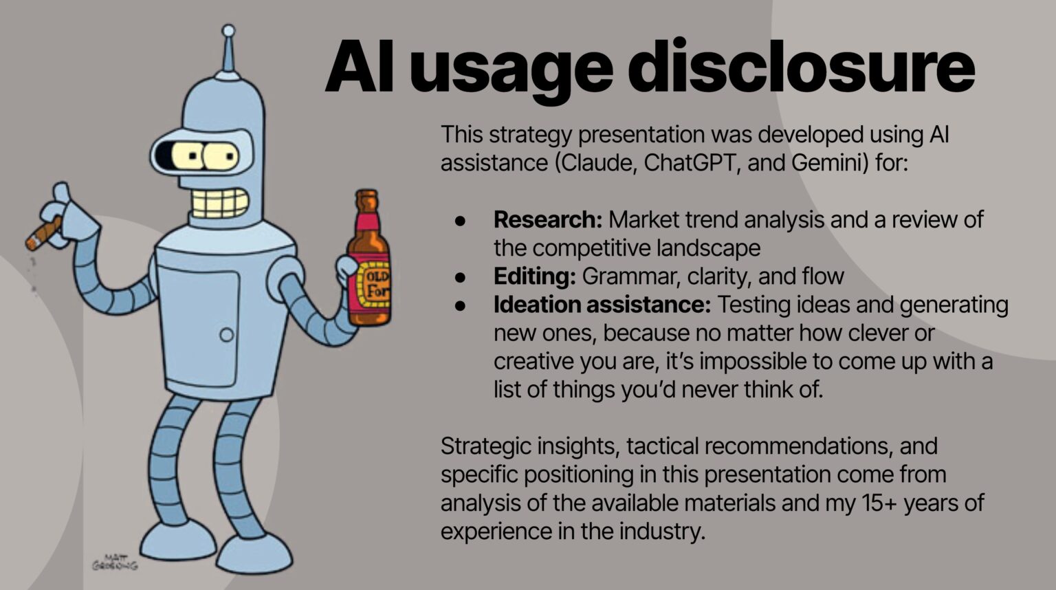 Feel free to borrow my “AI usage disclosure” slide : Global Nerdy